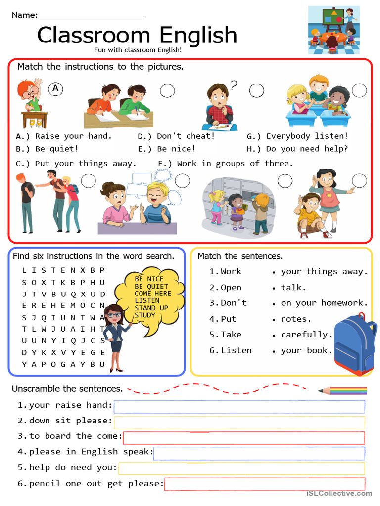 Basic Classroom Language Worksheet (Inspired by Other ISL Worksheets) | PDF