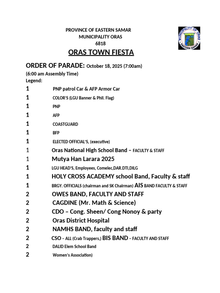 Oras Town Fiesta Parade Order 2025 | PDF
