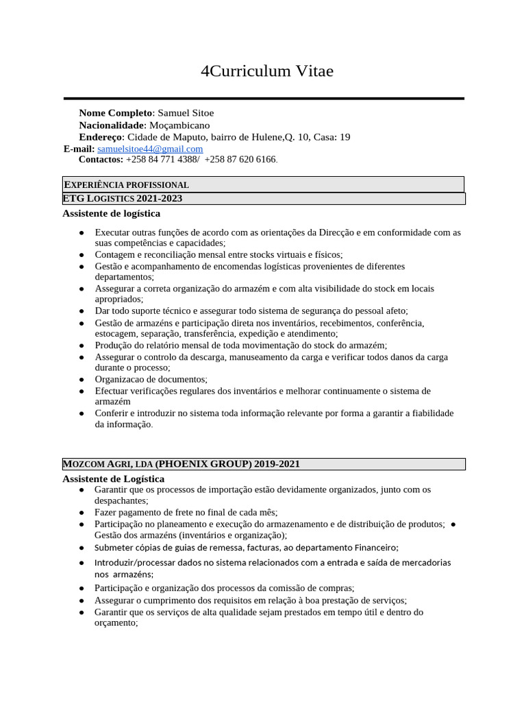 Currículo de Samuel Sitoe - Logística | PDF | Armazém | Logística
