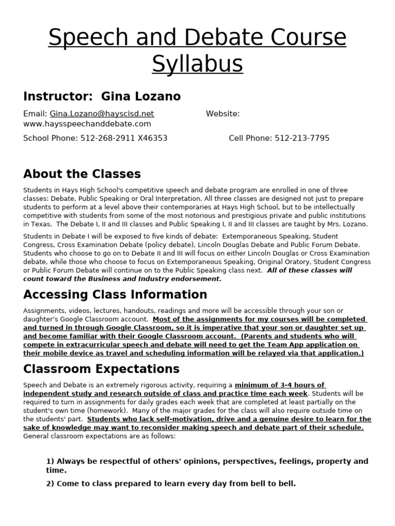 Speech and Debate Course Syllabus 2016-2017 | PDF | Human Communication