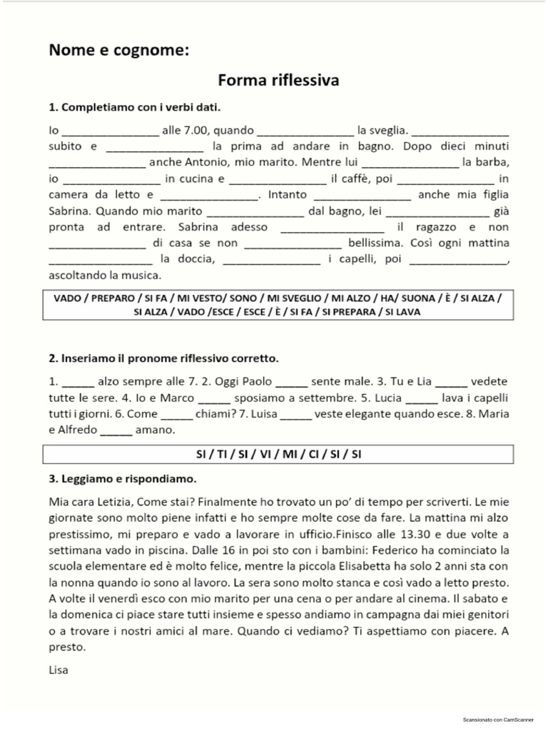 Prova. I Verbi Riflessivi in Italiano. | PDF