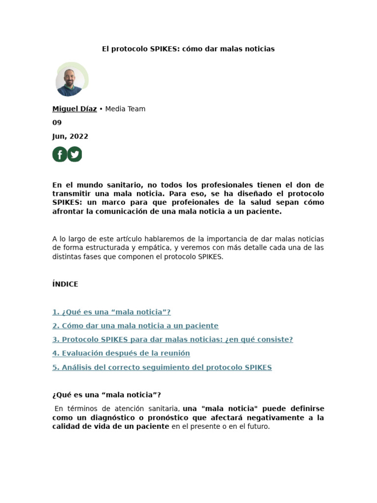 Protocolo SPIKES para dar malas noticias | PDF | Diagnostico medico ...