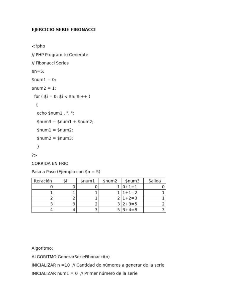 Ejercicio Serie Fibonacci | PDF
