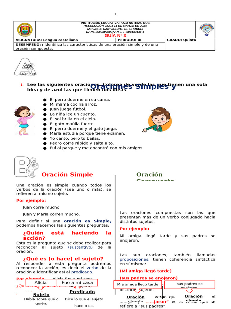 Guia 3. Oraciones Simples y Compuestas | PDF | Oración (Lingüística ...