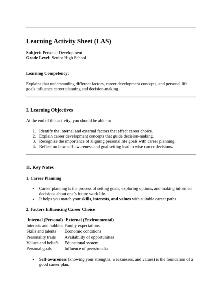 LAS Perdev - Career-Planning | PDF | Goal | Decision Making