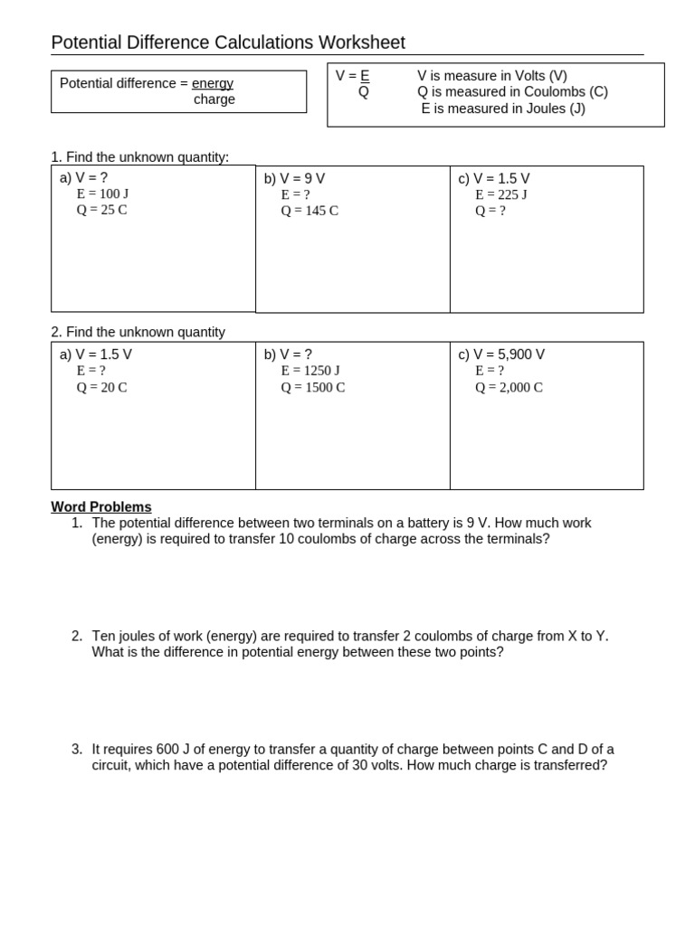 SNC 1D Voltage - Problems | PDF