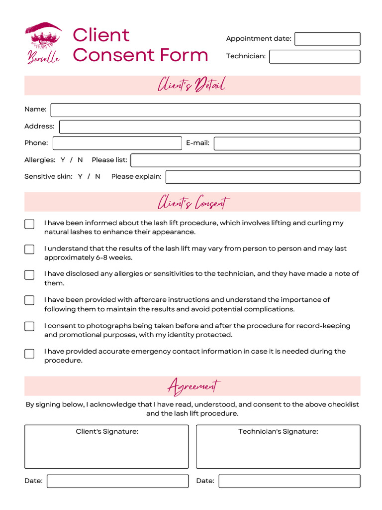 Pink and White Simple and Professional Lash Lift Client Consent Form ...