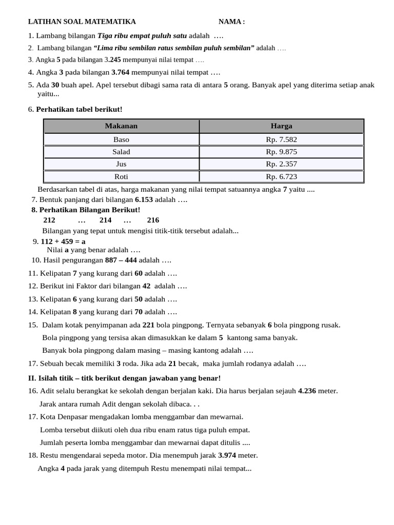 Latihan Math Sept 2425 | PDF
