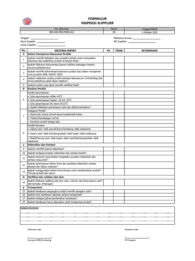 BPI-PUR-FRM-FSMS-011 Checklist Inspeksi Supplier 007 (Sama Kaya 007) | PDF