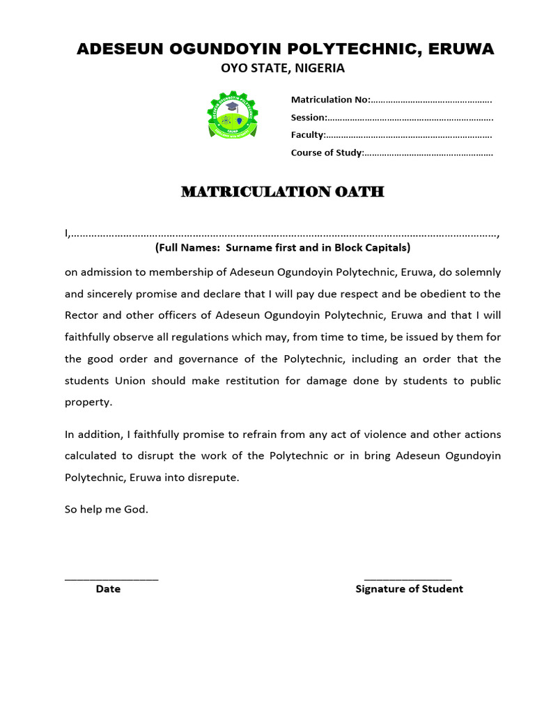 Matriculation Oath Form | PDF