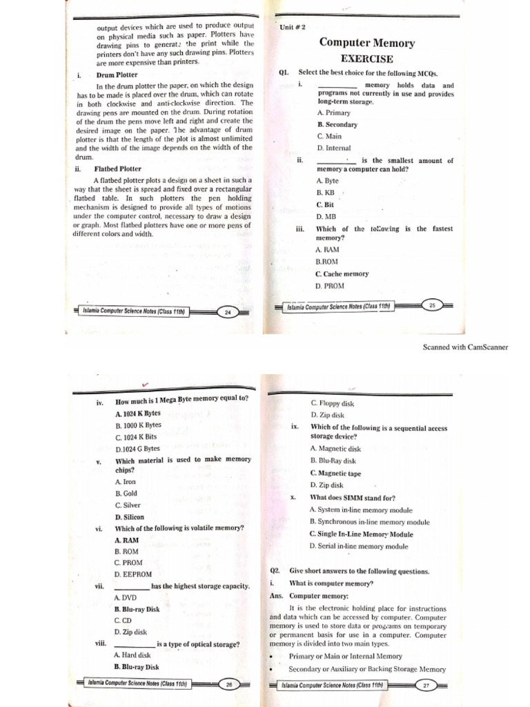 1st Year Computer Science Notes Cha 2 Computer Memory Excersie CPU ...