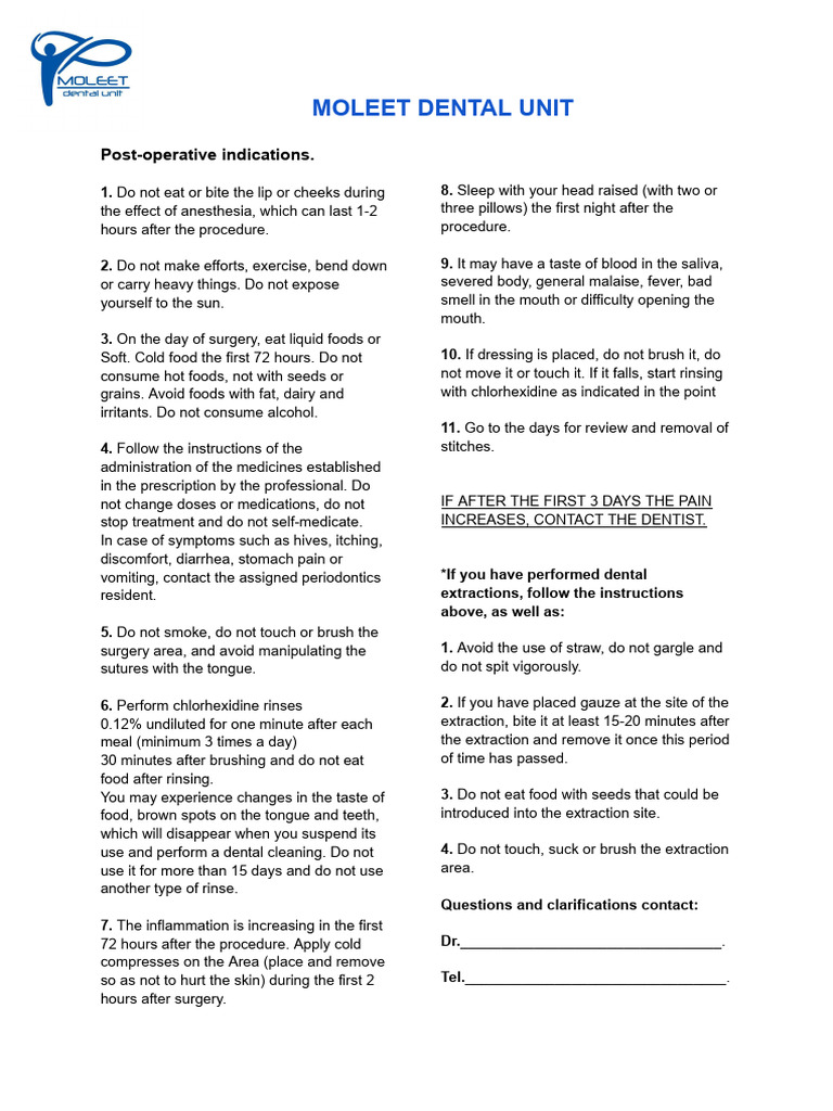 Post-Operative Dental Care Instructions | PDF | Diseases And Disorders ...