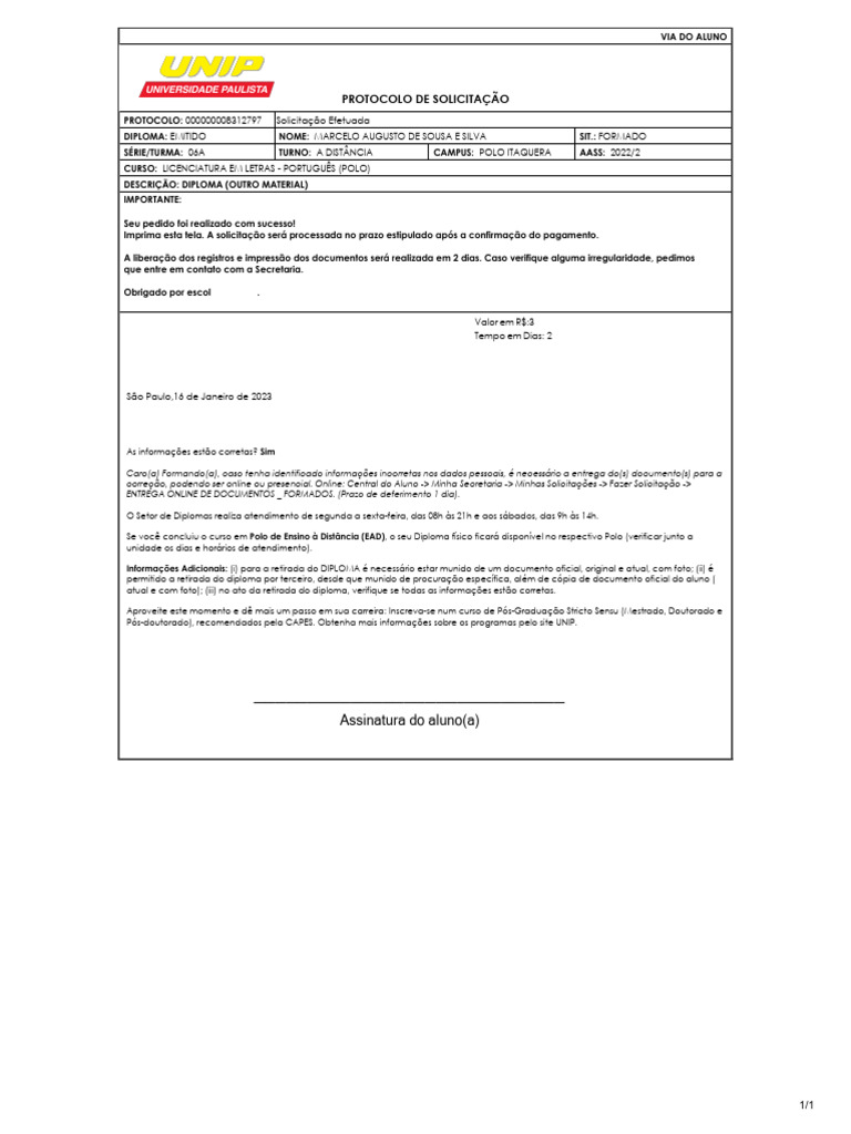 Solicitação de Diploma EAD UNIP | PDF | Educação à distância