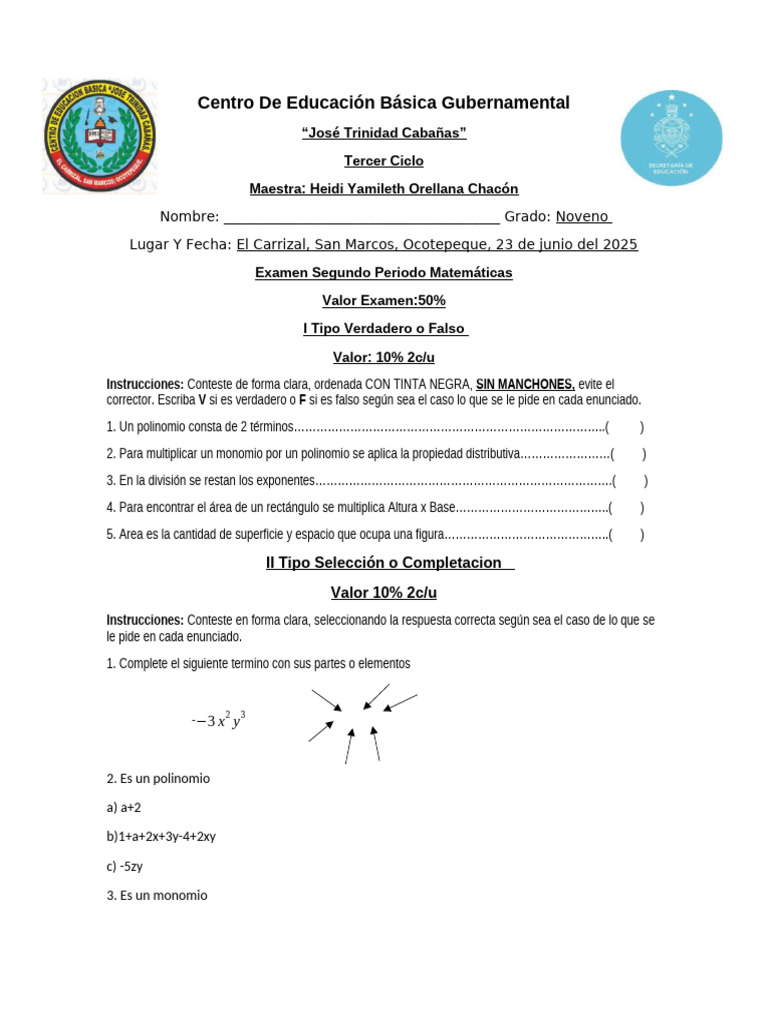 Examen Matematicas Noveno 2025 | PDF | Análisis matemático | Matemáticas
