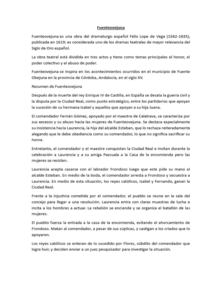 Análisis de Fuenteovejuna de Lope de Vega | PDF