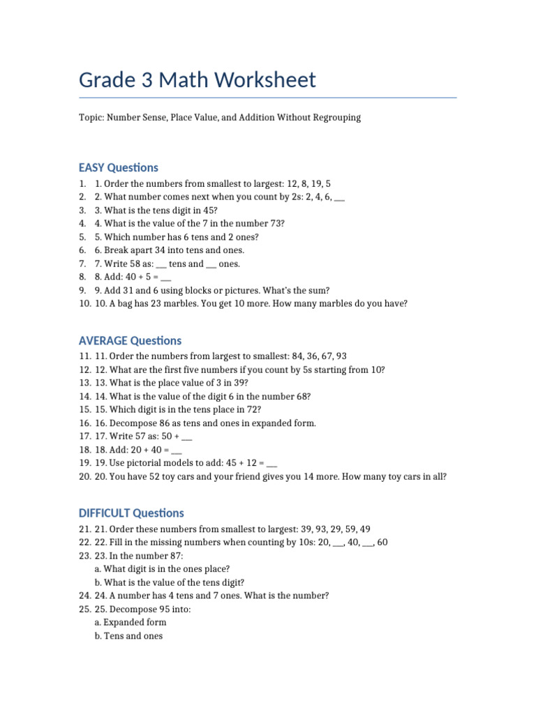 Grade 3 Number Sense Worksheet | PDF