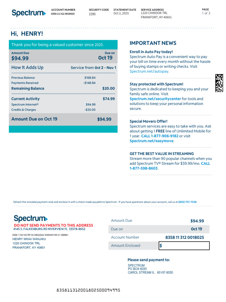 Spectrum Bill Statement - $94.99 Due | PDF | Cheque | Debit Card
