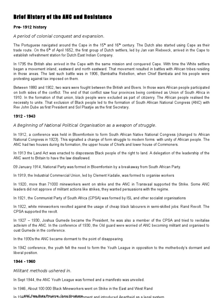 ANC History and Struggle Overview | PDF | African National Congress ...