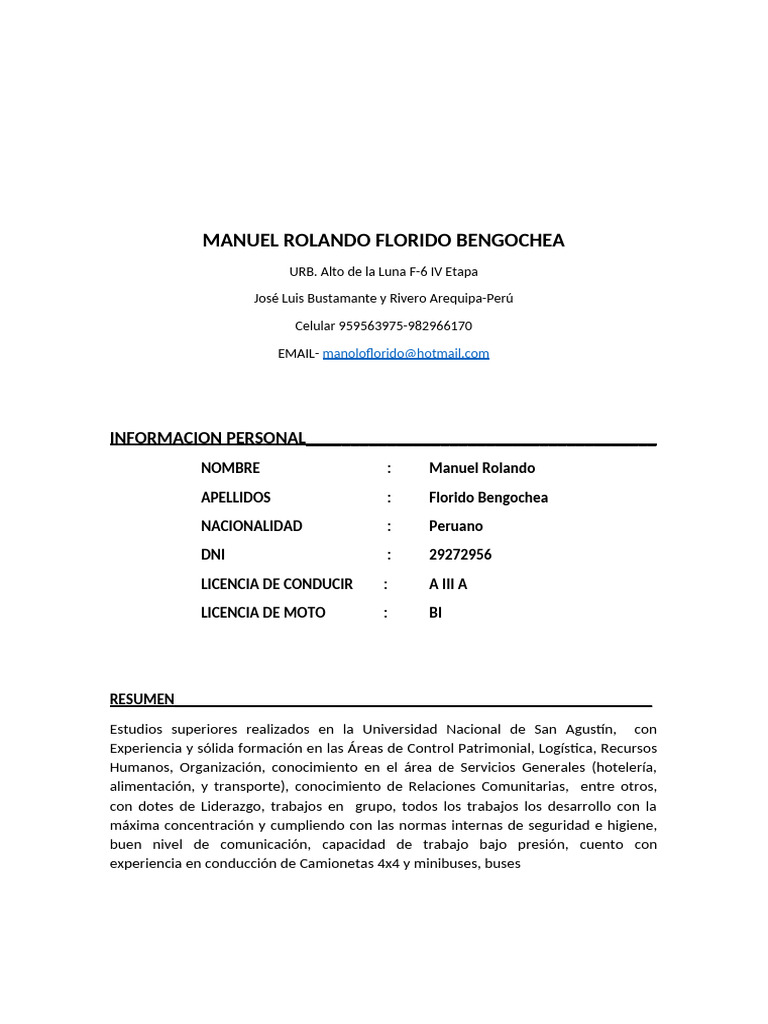 CV Manuel Rolando Florido Bengochea - Conductor | PDF | Business
