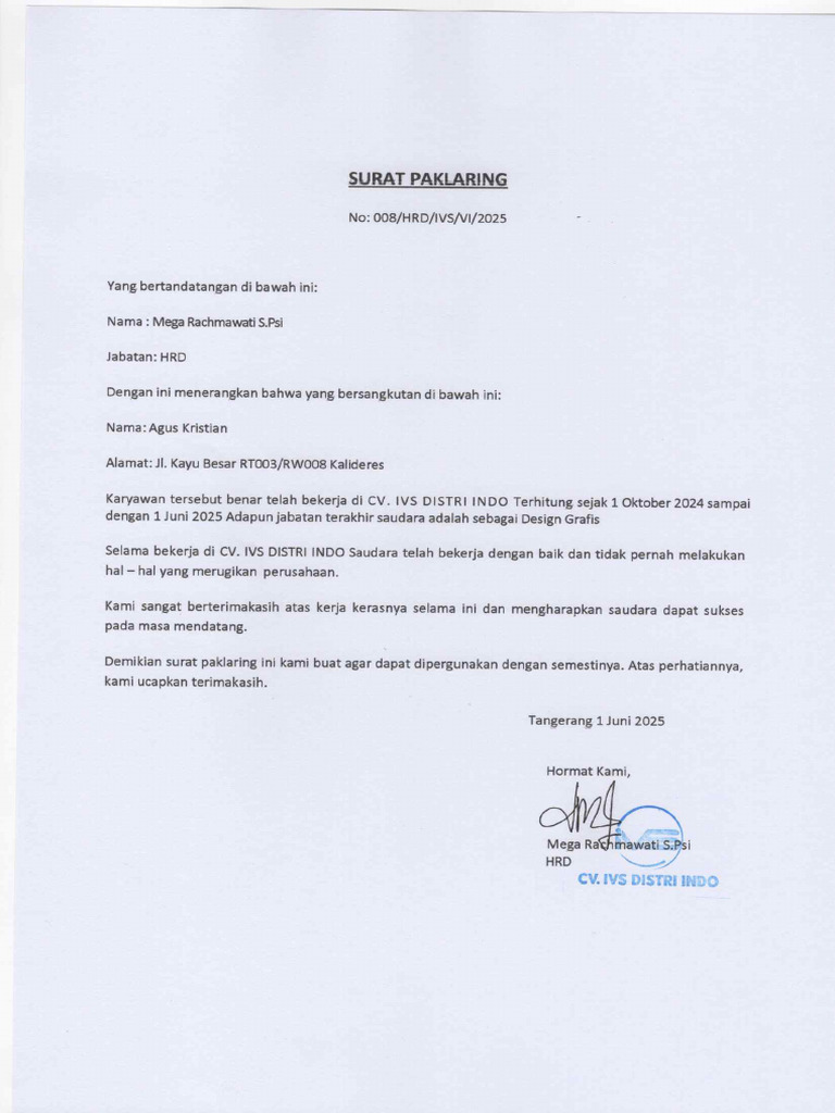 Paklaring Ivs Agus Kristian | PDF