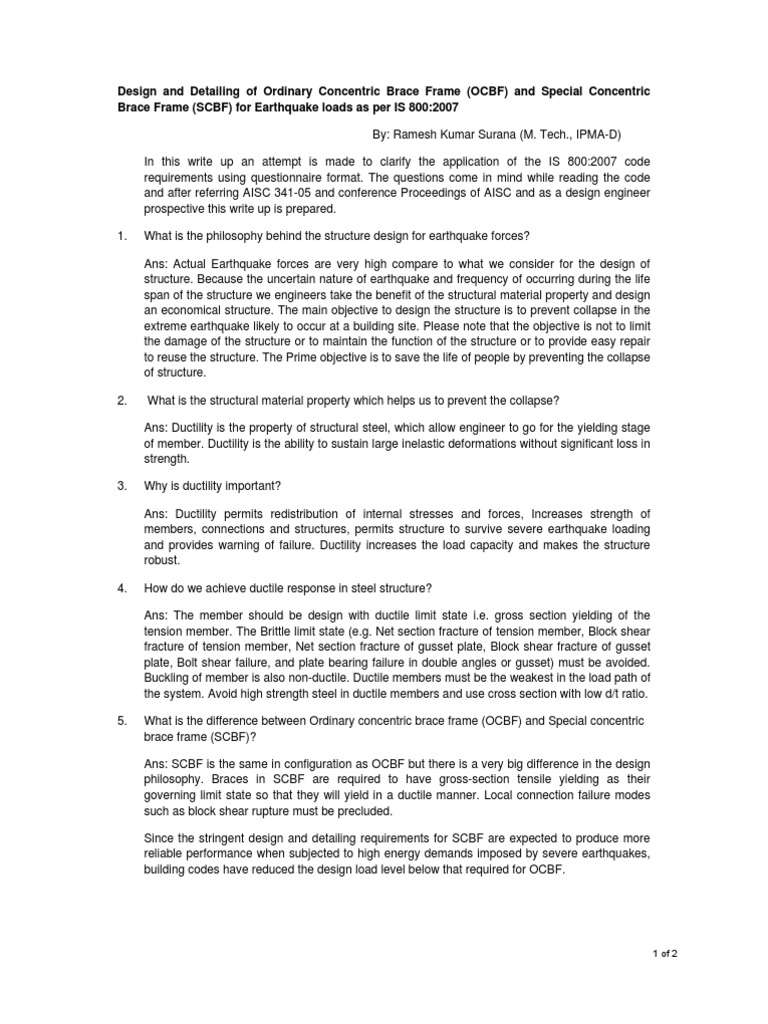 Ocbf and SCBF Earthquake Loads As Per Is 800 925 | PDF | Fracture ...