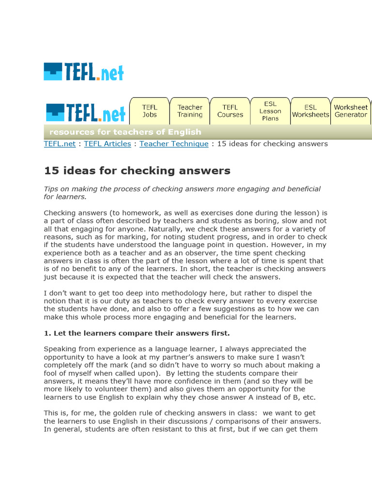15 Engaging Ways to Check Answers | PDF | English As A Second Or ...