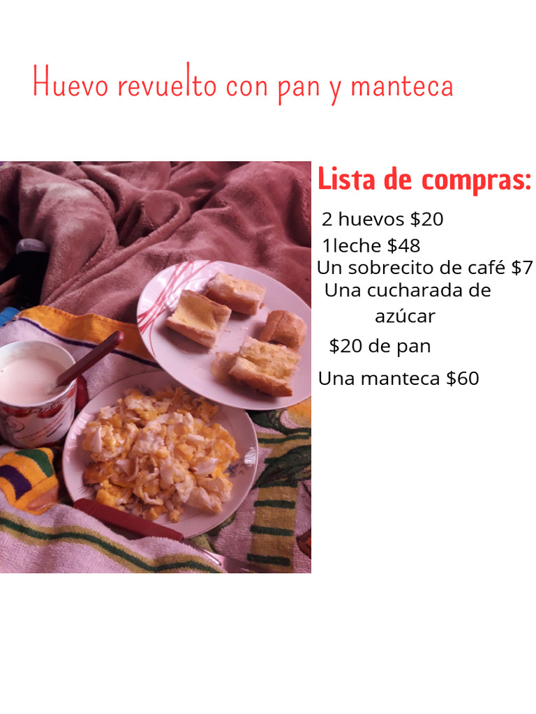 Huevo Revuelto Con Pan y Manteca Incluido Una Taza de Cafe PDF | PDF