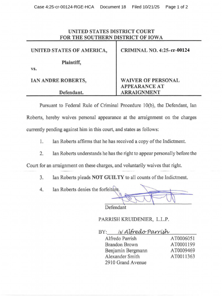 Ian Roberts Arraignment Waiver Document | PDF | Arraignment | Common Law