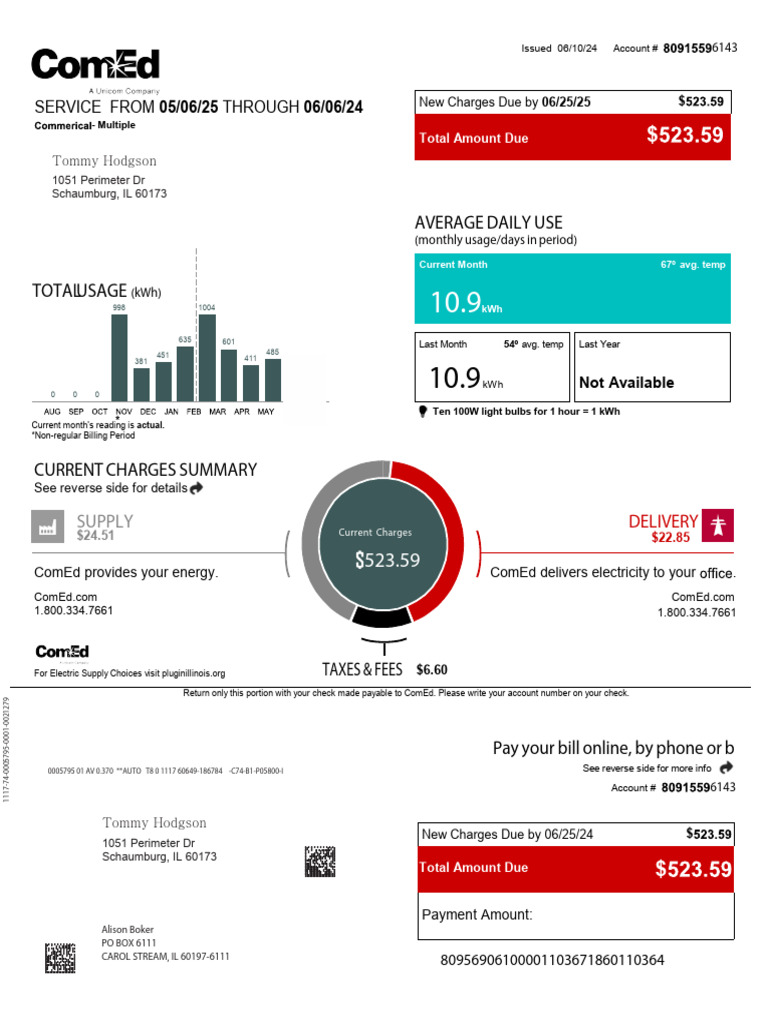 ComEd Current Charges Summary 2024 | PDF | Electric Power | Payments