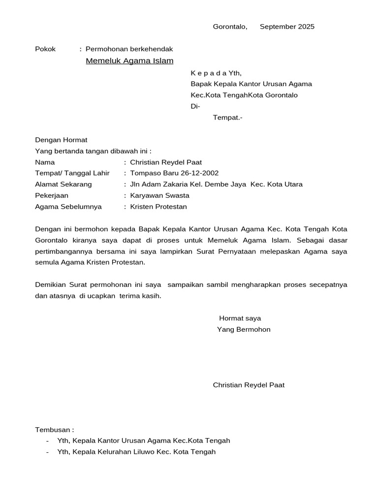 Permohonan Memeluk Islam oleh Christian Paat | PDF
