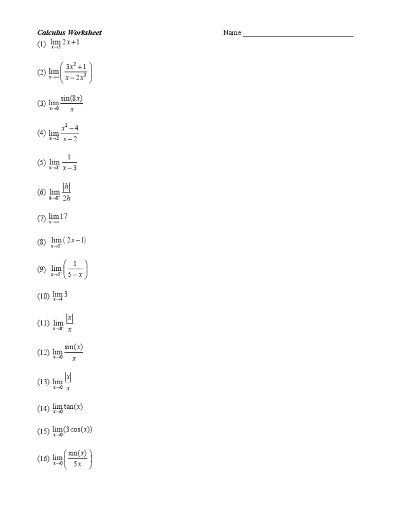 Limits Worksheet with Discontinuities | PDF