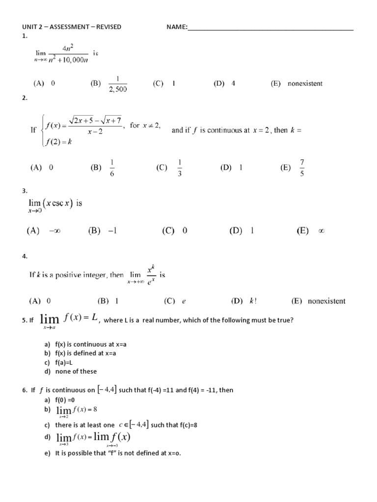 ASSESSMENT - Limits & Continuity | PDF | Mathematical Relations ...
