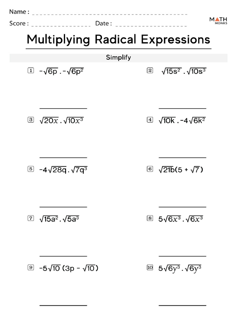 Multiplying Radical Expressions Worksheet | PDF
