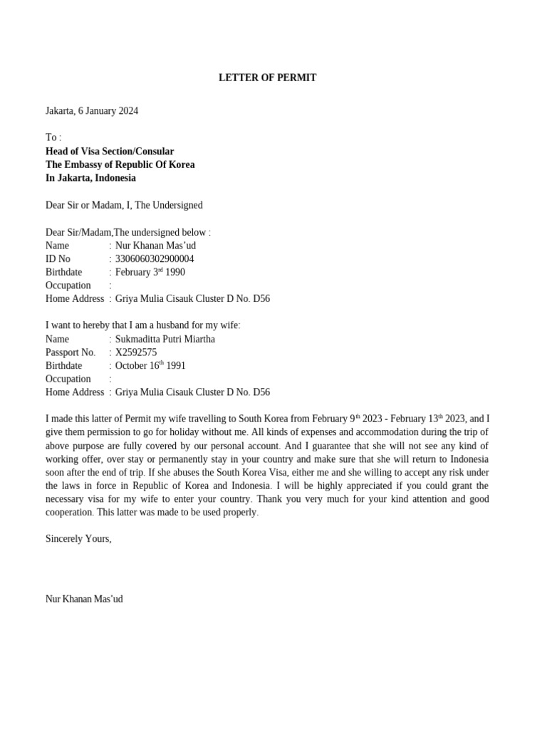 Travel Permit Letter for Spouse Visa | PDF