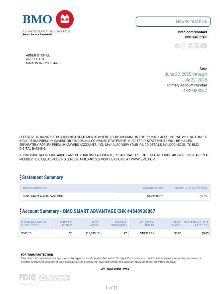 Bmo Smart Advantage Checking Statement Pdf Credit Card Overdraft