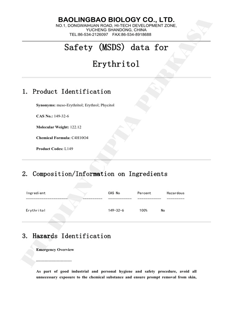 MSDS Erythritol Baolingbao DCP W | PDF