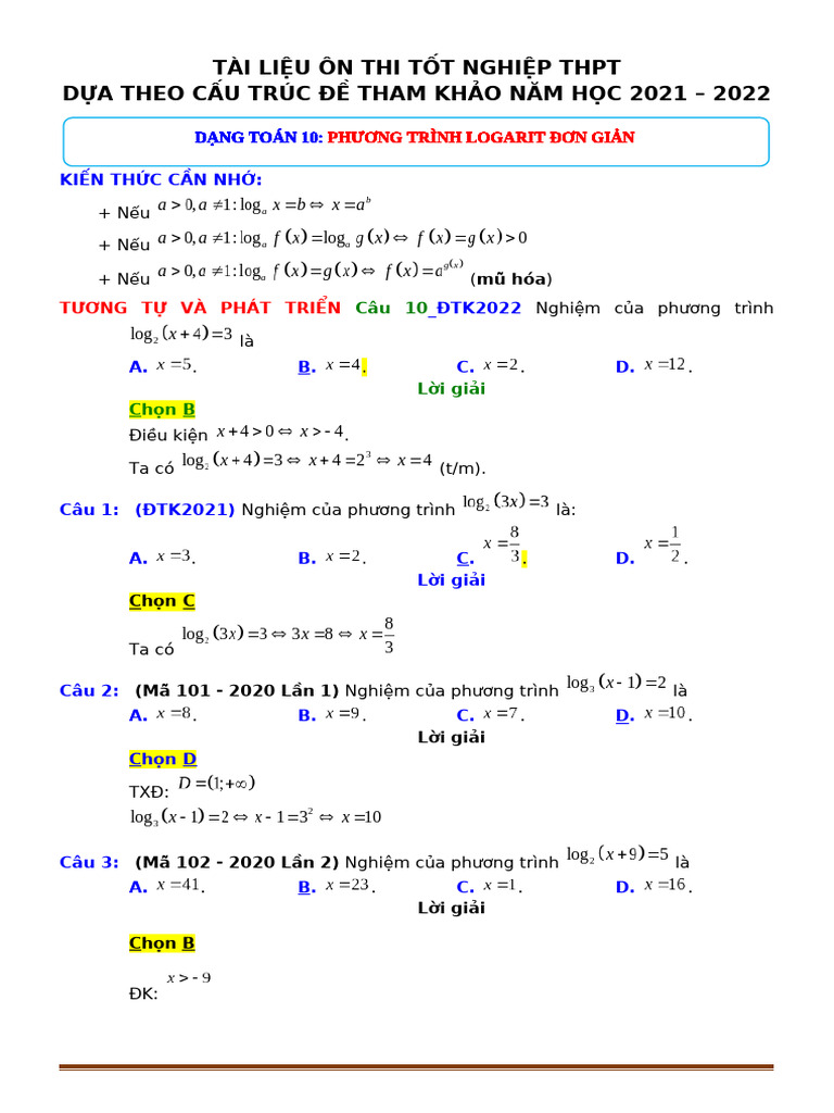 CD10 - (Câu 10) - Pt-Logarit-Đơn-Gi N - HDG | PDF