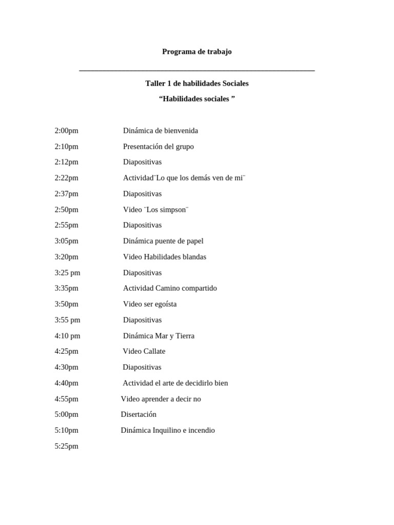 2.-Programacion Diaria de Taller | PDF | Habilidades para la vida ...