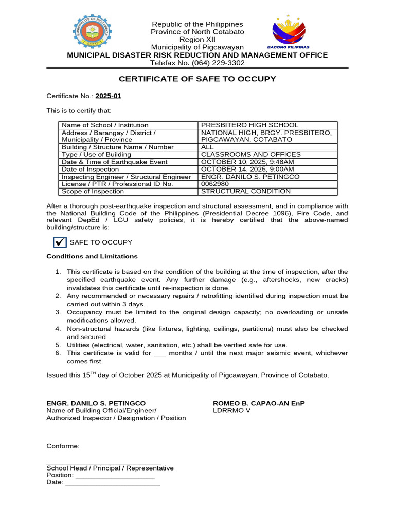 Safe to Occupy Certificate for Presbitero High | PDF | Safety