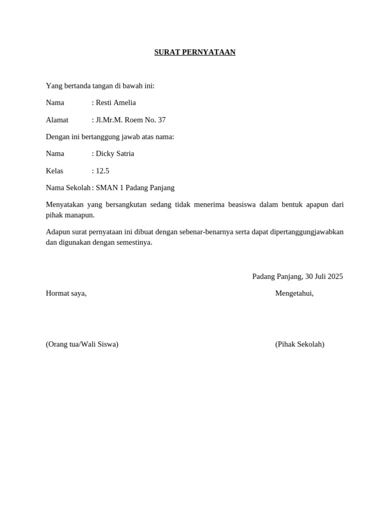 Template Surat Keterangan Tidak Menerima Beasiswa Lain | PDF