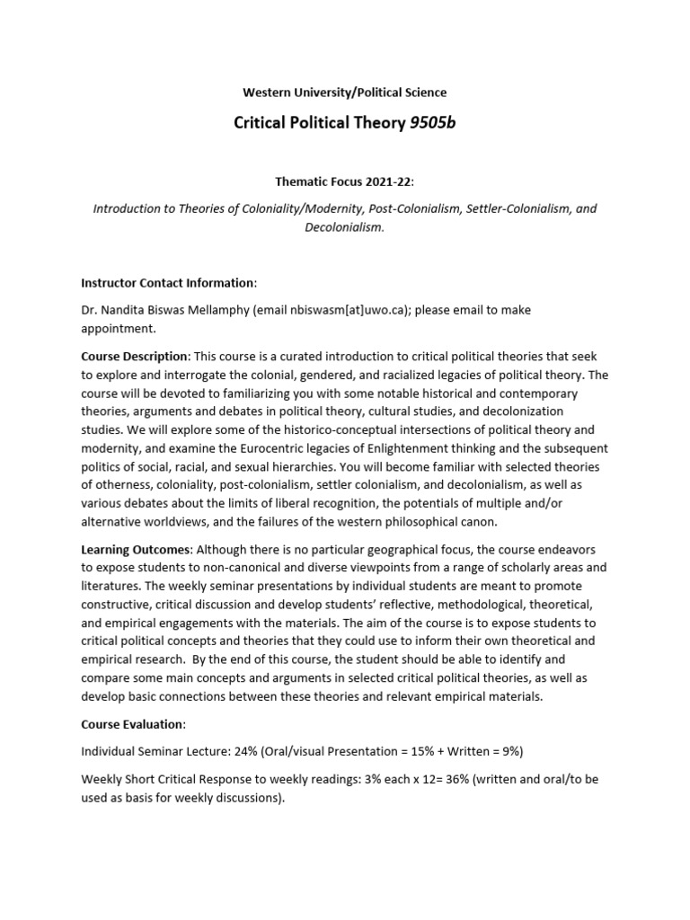 Biswas Mellamphy Critical Political Theory Outline | PDF | Critical ...