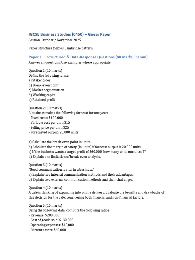 IGCSE Business Studies Guess Paper 2025 FULL | PDF | Gross Margin ...