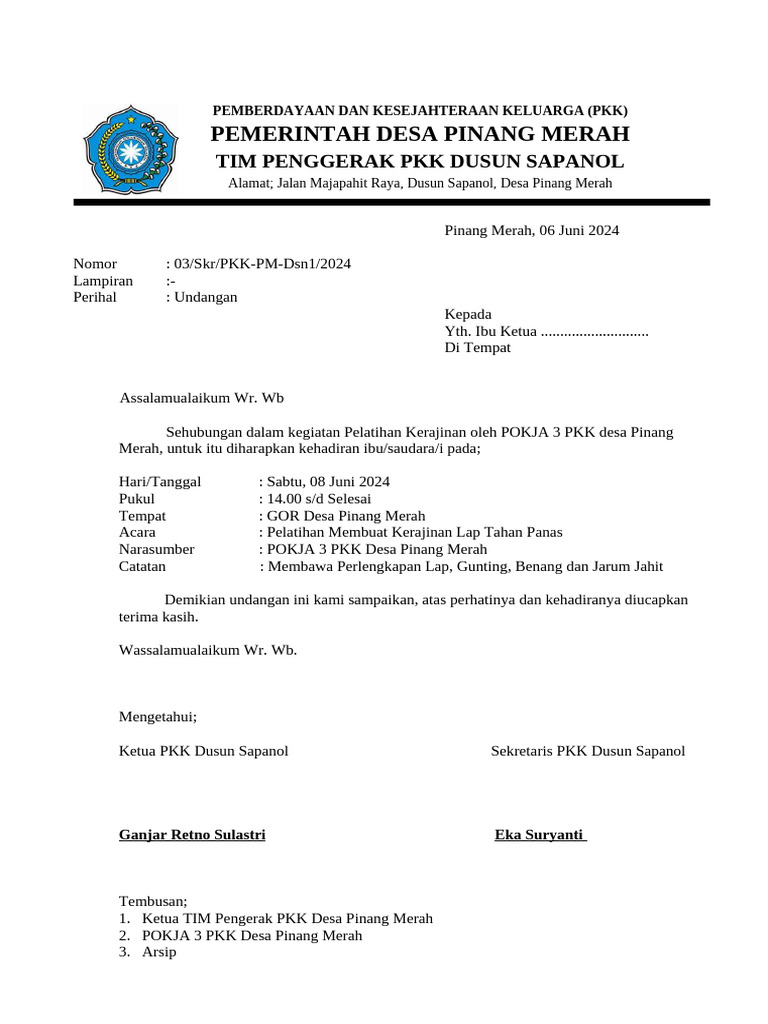 Surat Undangan Pelatihan Membuat Kerajinan Lap Tahan Panas | PDF