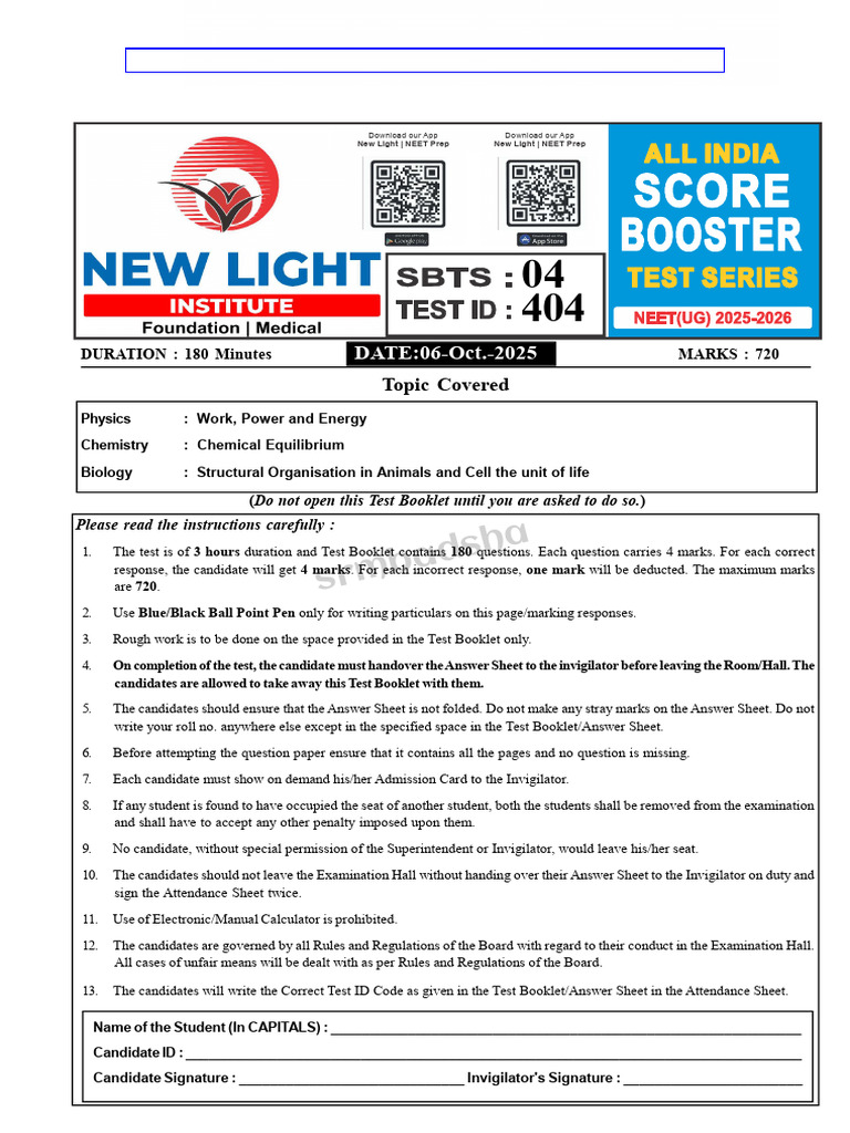 SBTS PAPER - 04 (06-Oct.-2025) PDF | PDF | Force | Mass