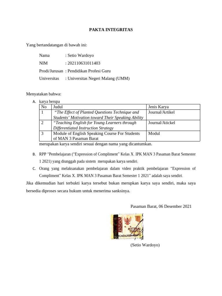 Pakta Integritas Karya Setio Wardoyo | PDF