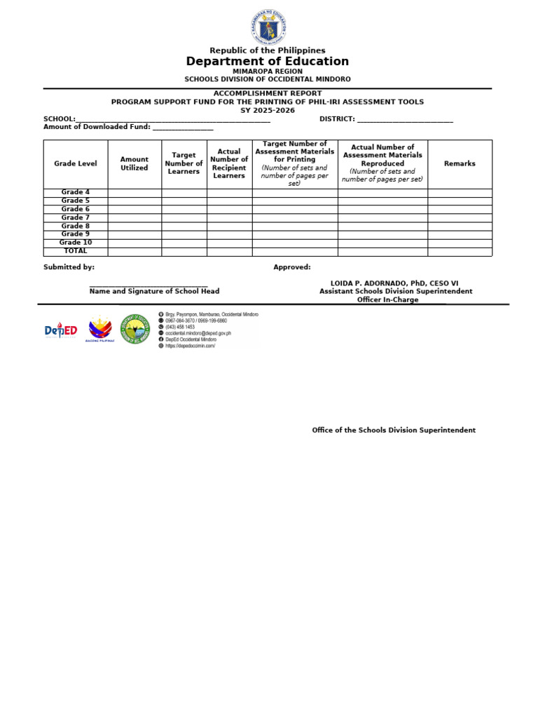 2025 2026 Phil IRI PSF Accomplishment Report | PDF