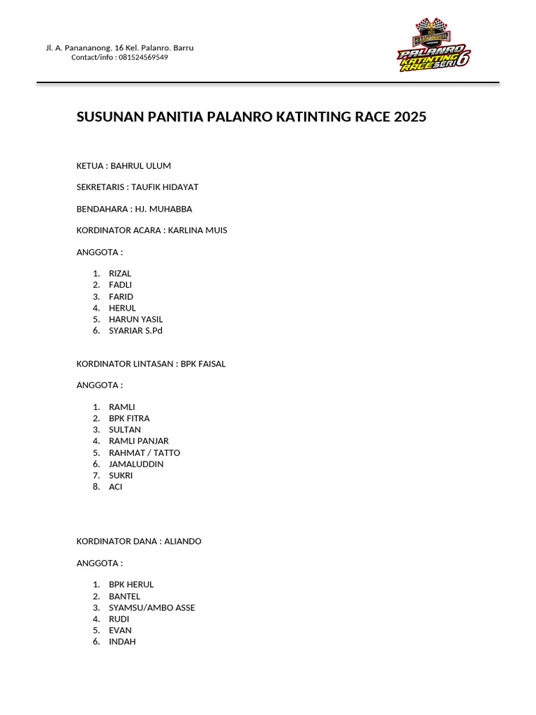 Susunan Panitia Katinting Race 2025 | PDF