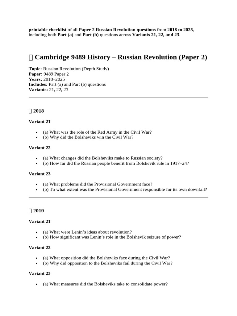 Printable Checklist of All Paper 2 Russian Revolution Questions From ...