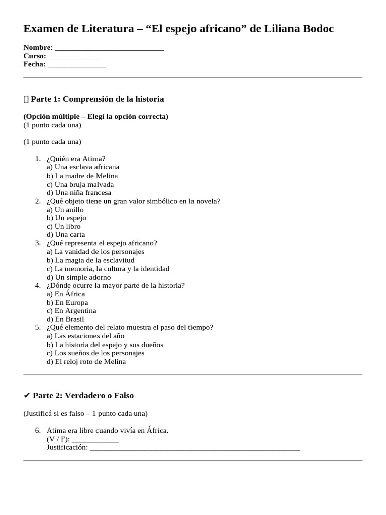 Examen de Literatura El Espejo Africano | PDF