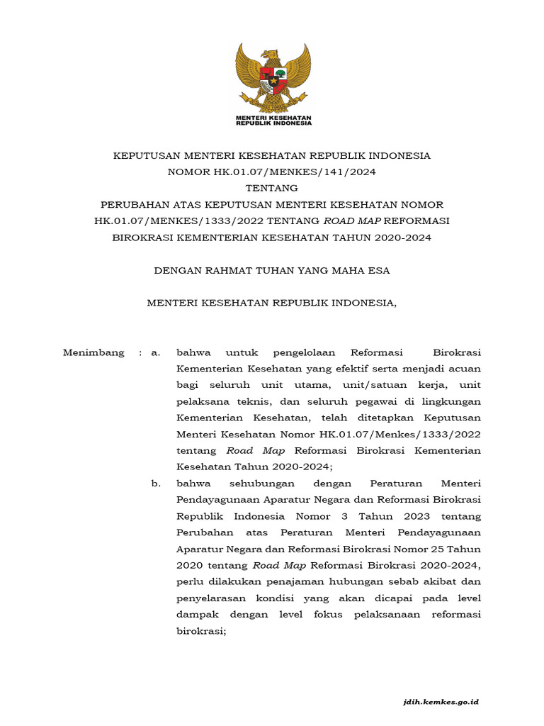 KMK No. Hk.01.07-Menkes-141-2024 TTG Perubahan Atas KMK No. Hk.01.07 ...